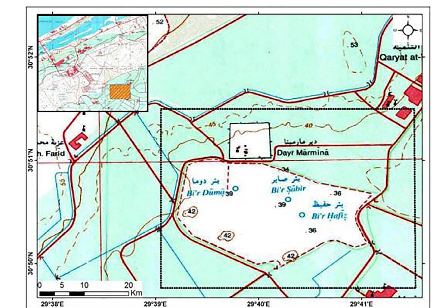 A topographic map showing the location of abu mena