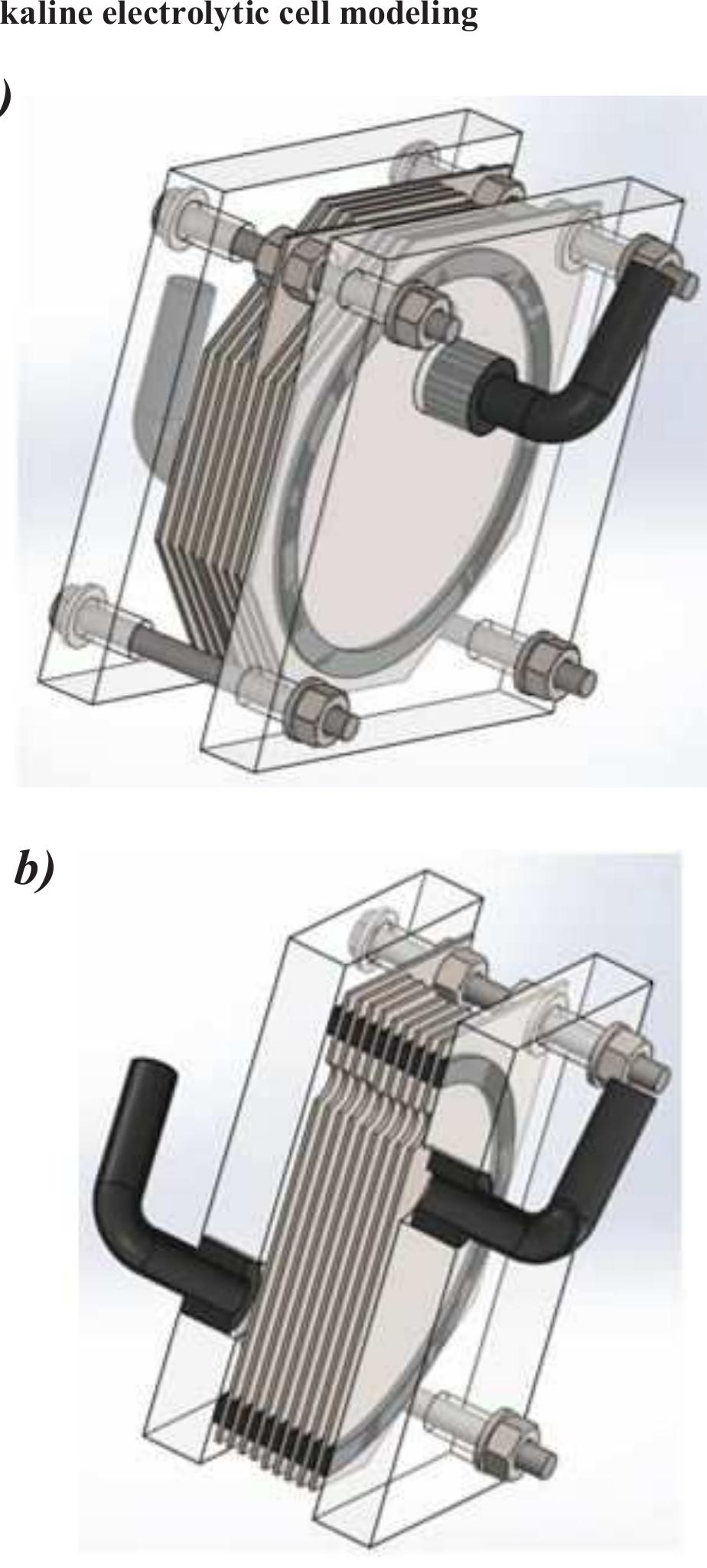 Electrolyzer modeled in solidworks®, a) diagonal view, b)