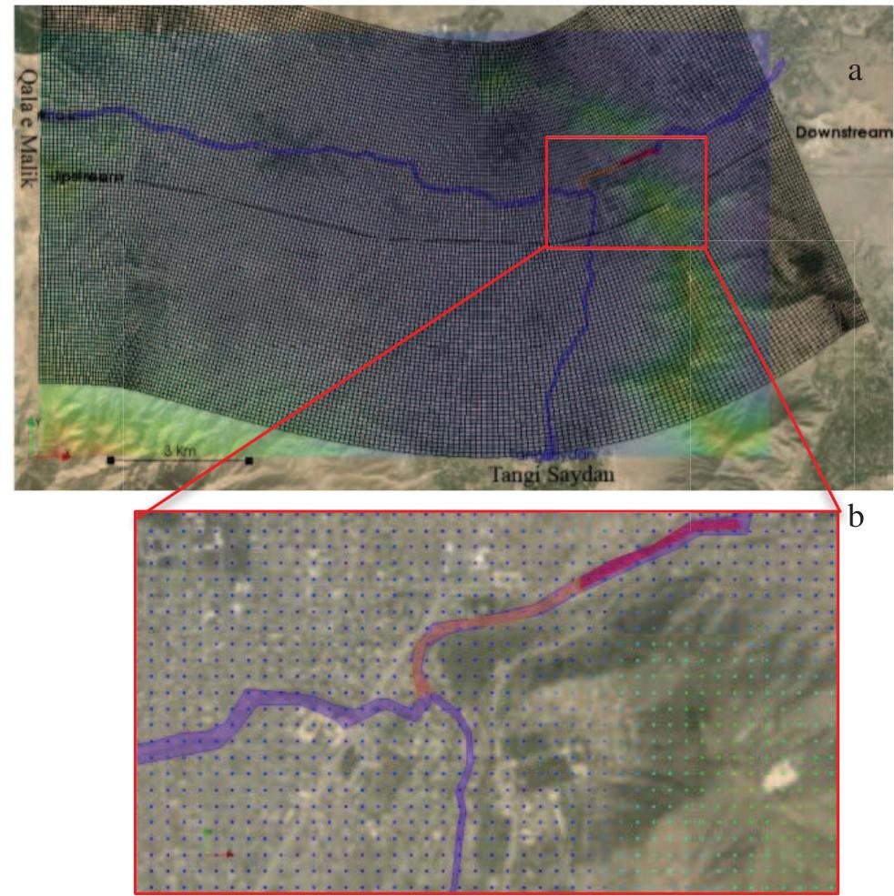(a) calculation grid map, colored image shows dem of the
