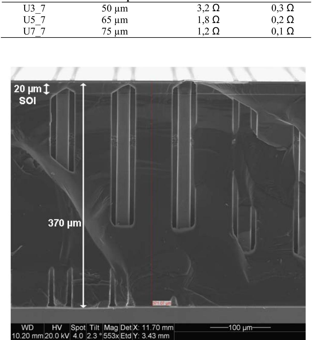 Sem cross-section of drie etched tsv structures through an