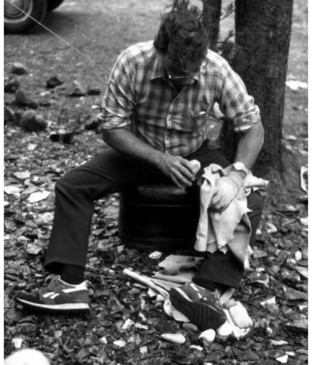 Gene titmus knapping obsidian; note the angle of hammerstone