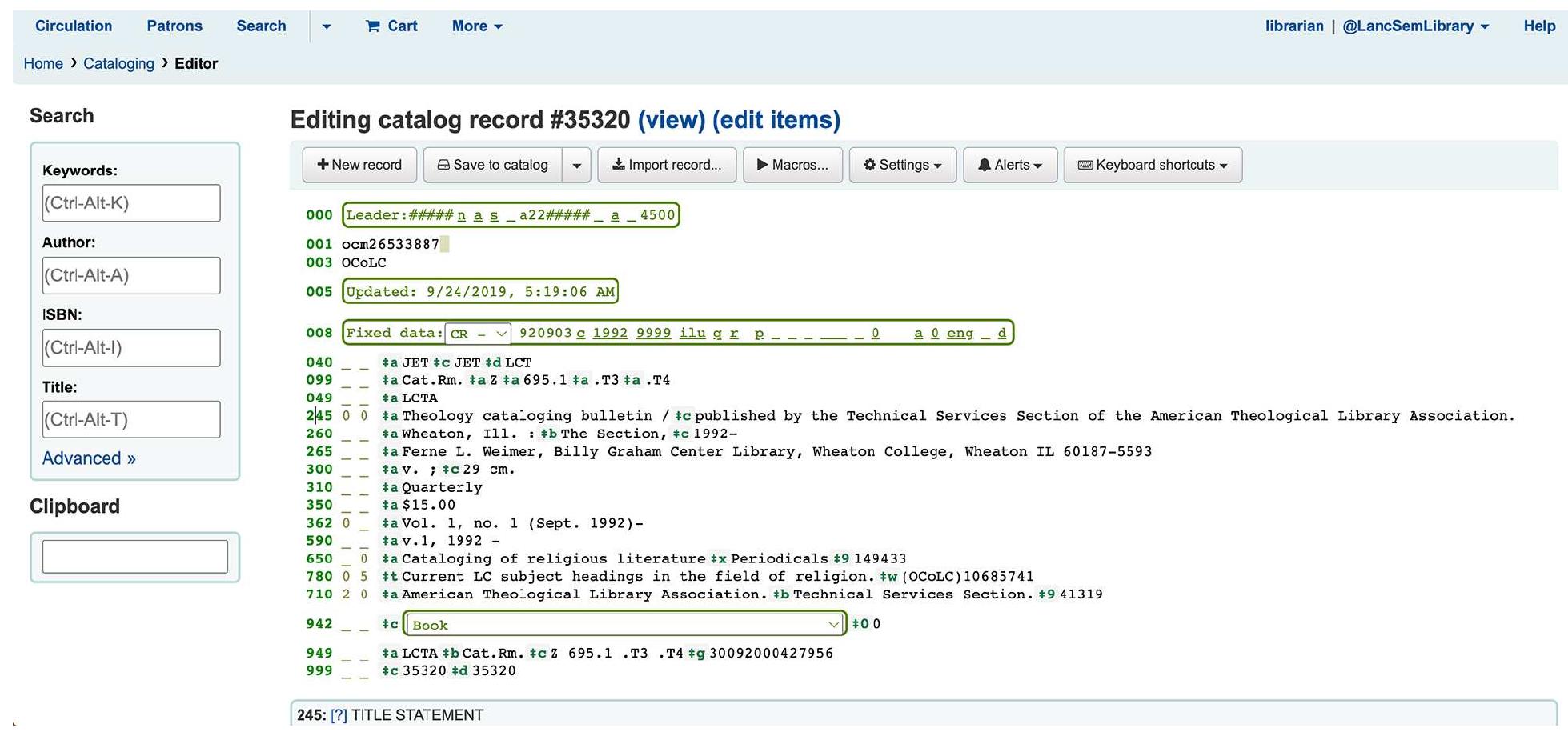 Image 3: screenshot of koha’s advanced editor for cataloging
