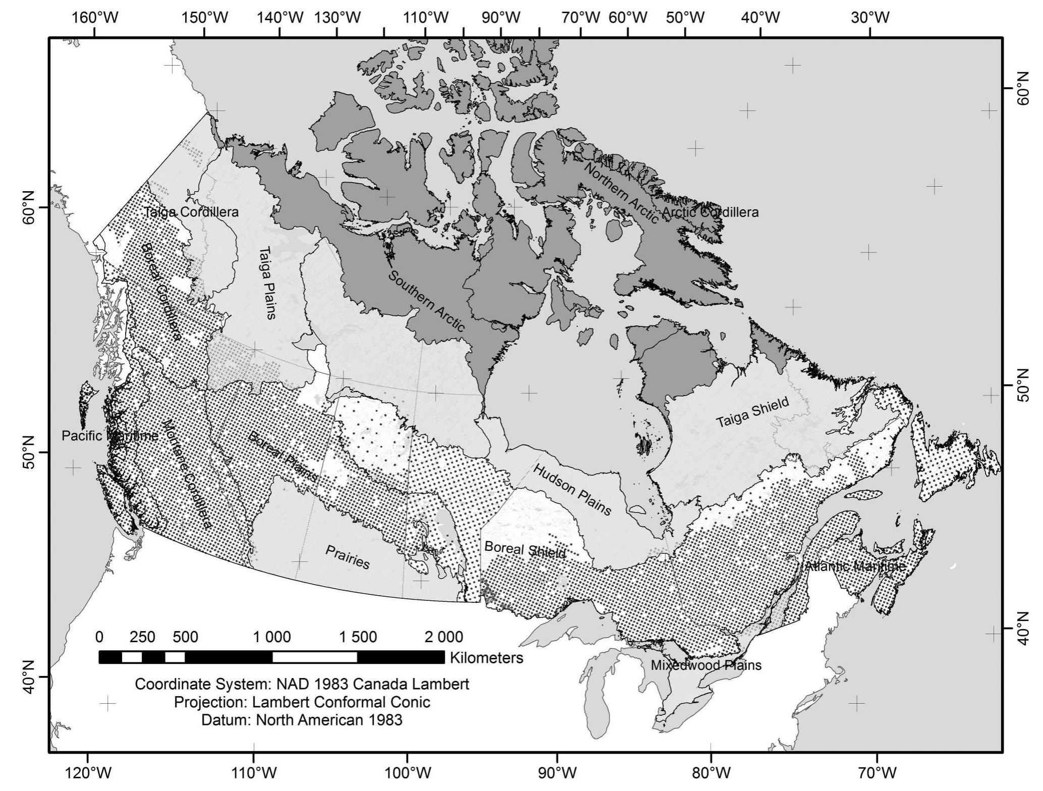 Map of canada’s 15 ecozones (black lines) covering six