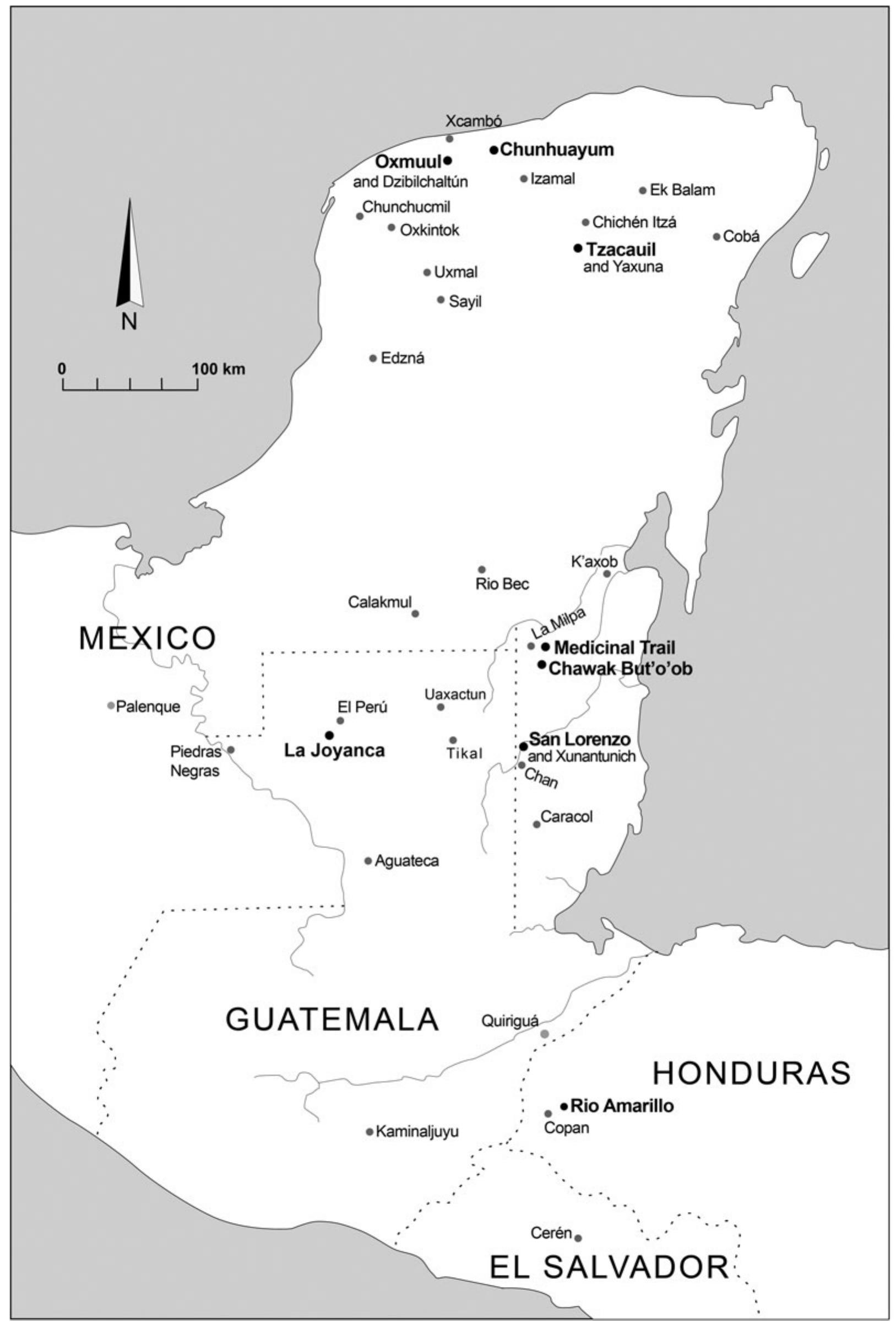 Map of the maya area showing locations of sites emphasized