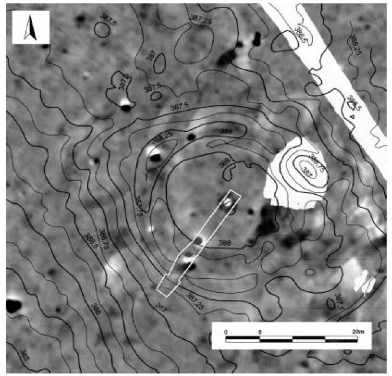 trench location superimposed on contoured magnetometry