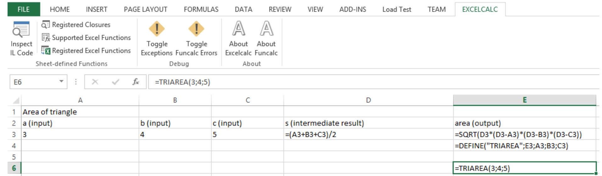 Funcalc as excel plug-in, showing formulas of sheet-defined