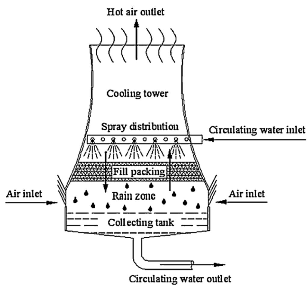 Sketch map of water-air flow within cooling tower.