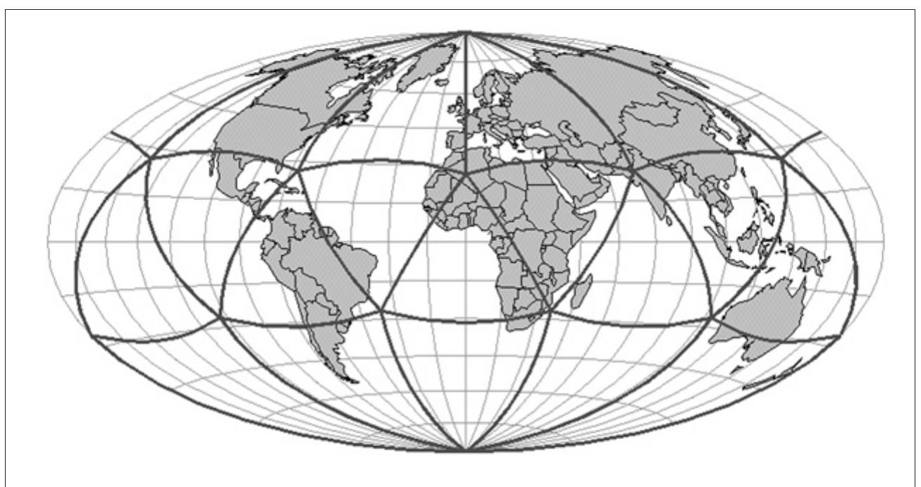 A. spherical icosahedron (in mollweide projection) oriented