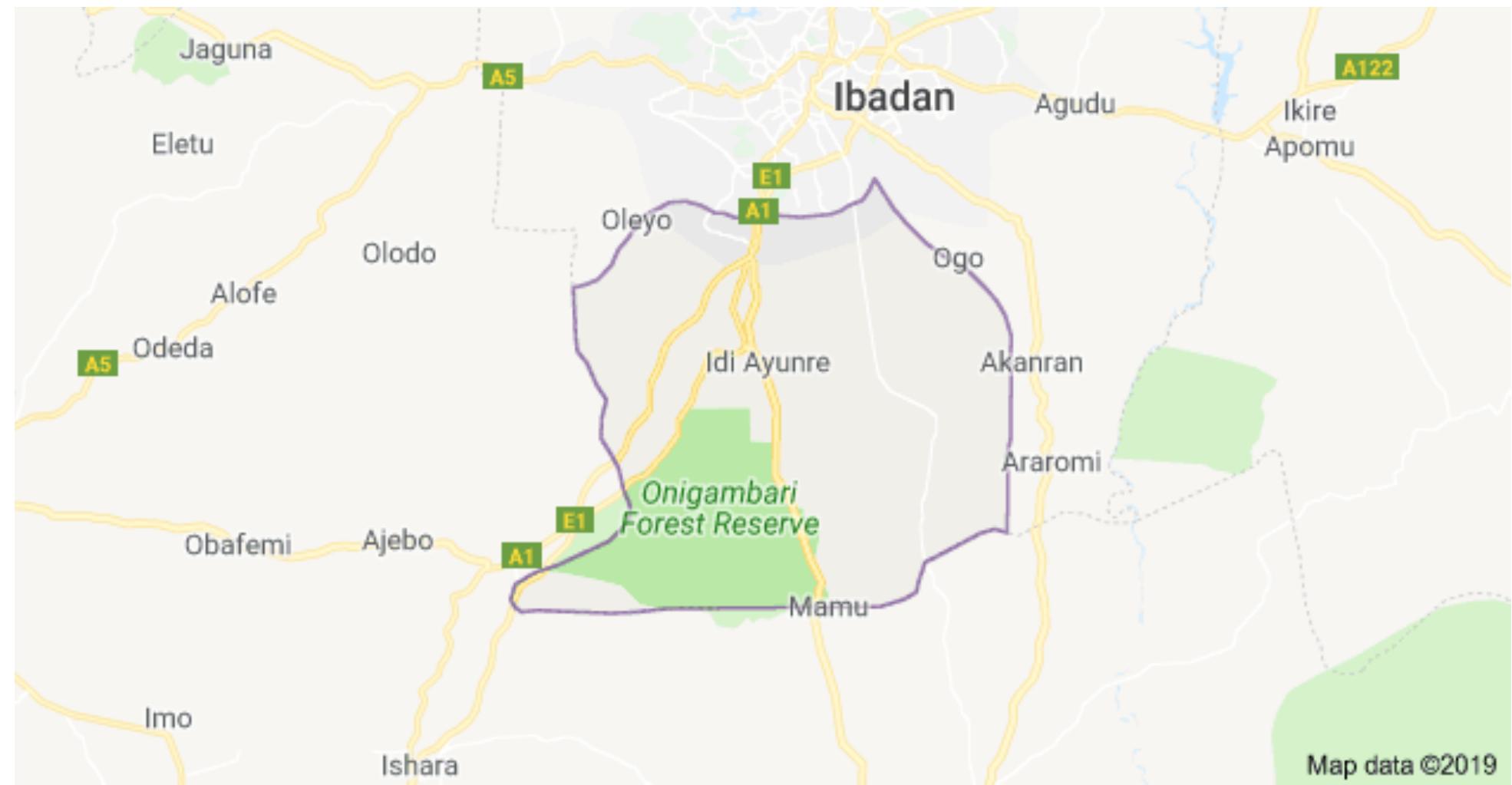 Map showing oluyole local government area. source: map data,