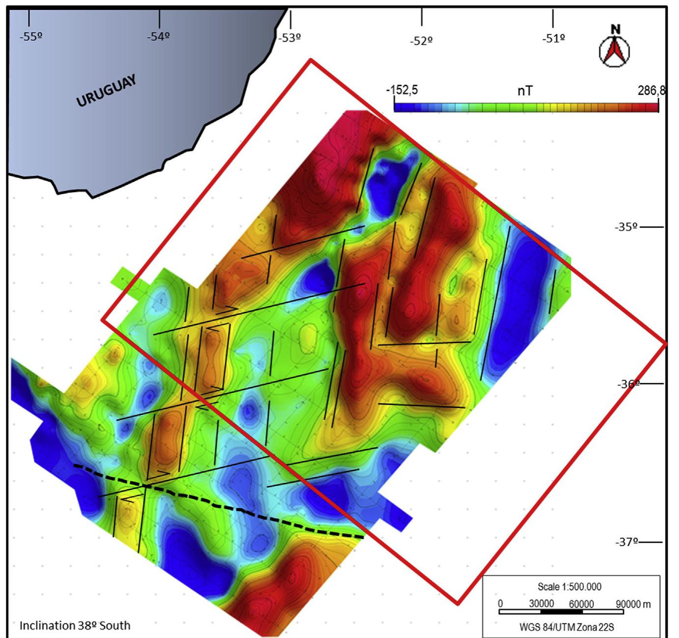 Map of magnetic anomalies (reduce to pole) with structural