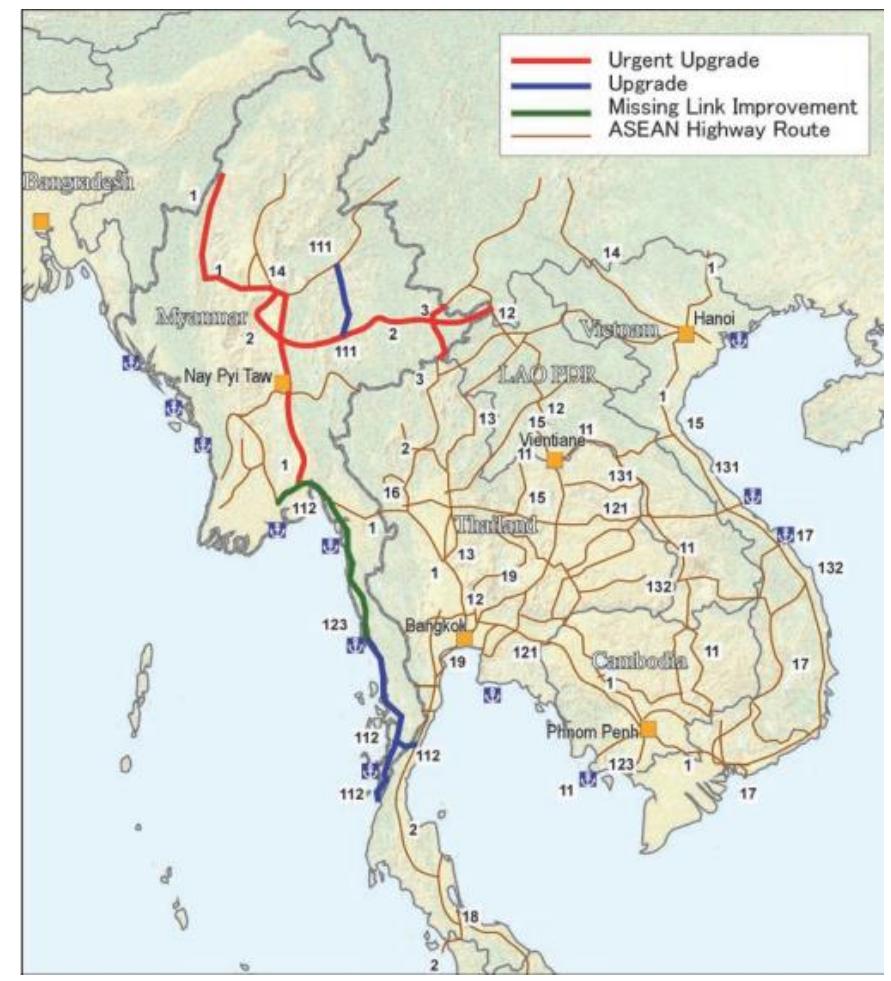 Asean highway road network and proposed upgrades in myanmar.