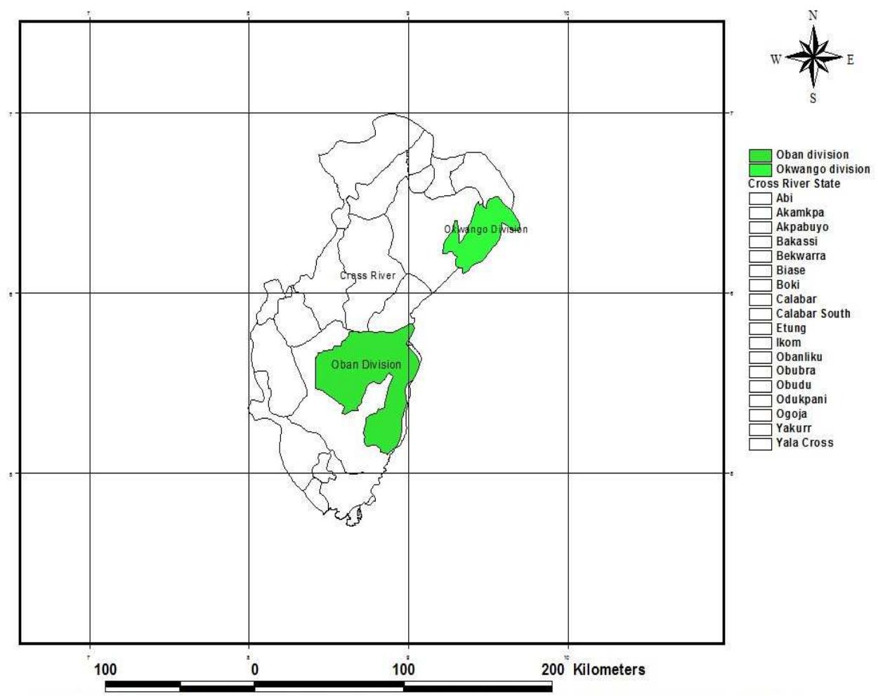 Map of cross river state, showing the two divisions of cross