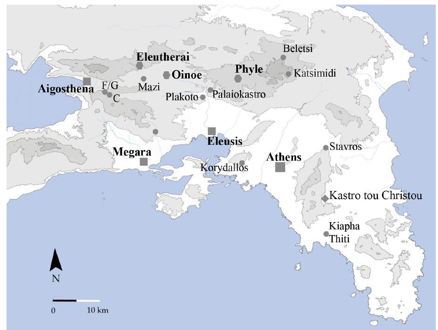 Map with sites. squares: fortified towns. hexagons: forts.