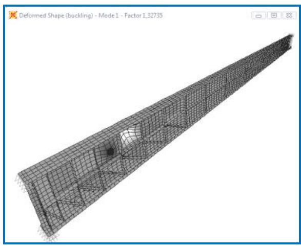 Deformed shape of the first buckling mode of steel beams