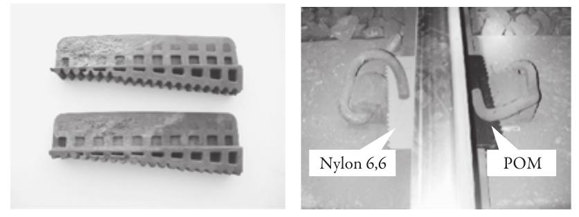 Worn wedge-shaped insulator (left) and wedge-shaped