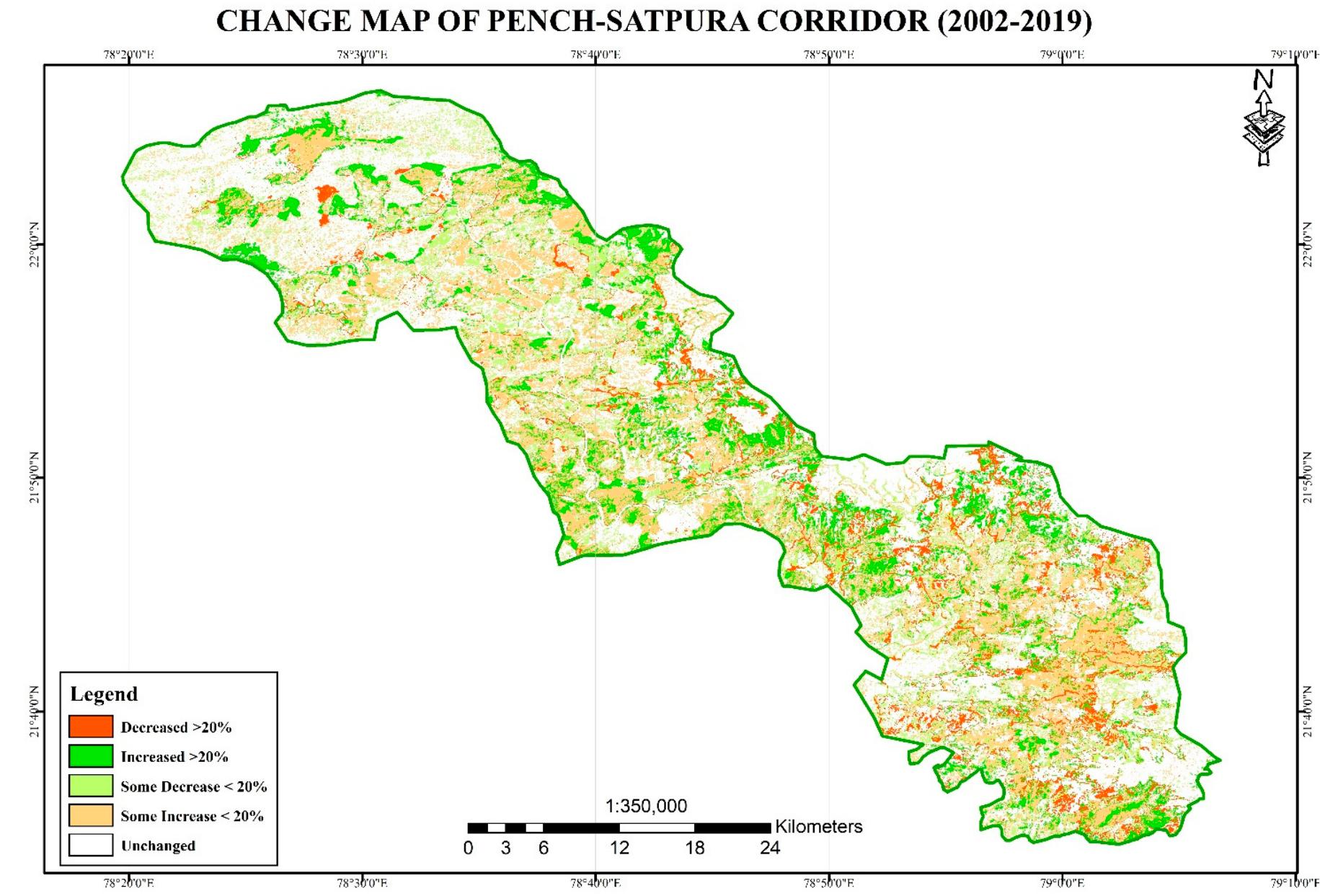 Change map of pench-satpuda wildlife corridor between