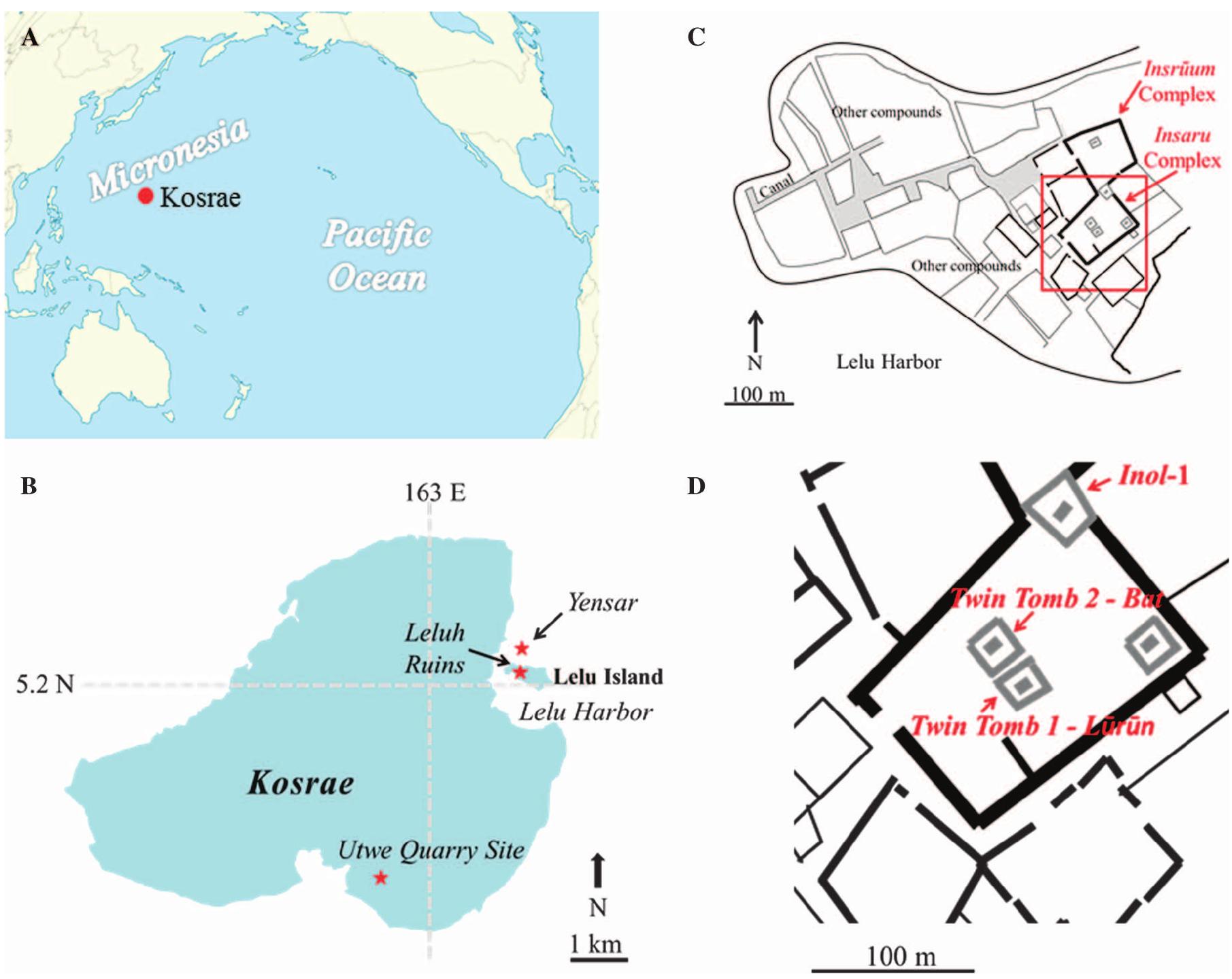 Maps of kosrae and lelu island. the ancient city of leluh