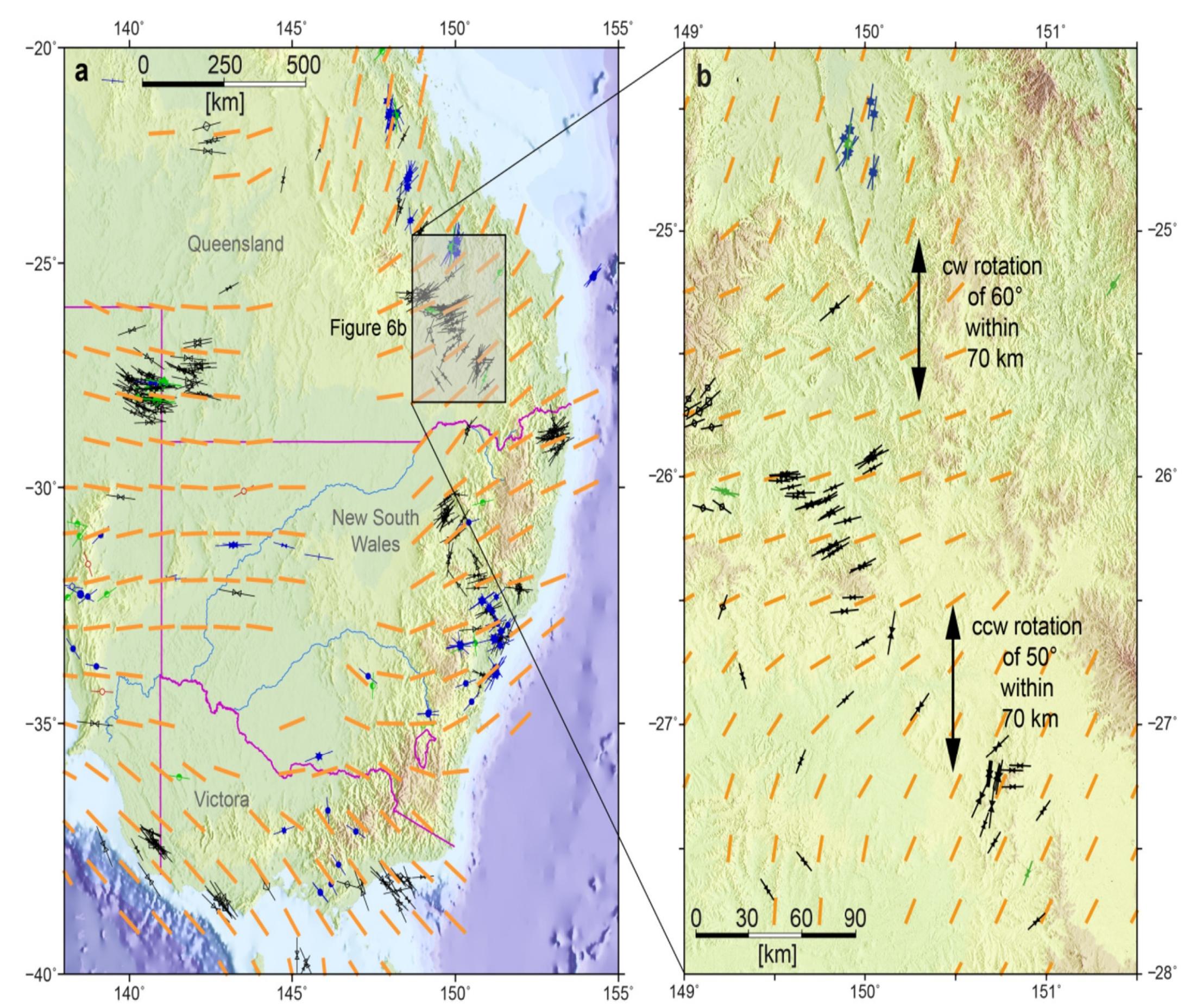 A) stress map of eastern australia. orange bars display the