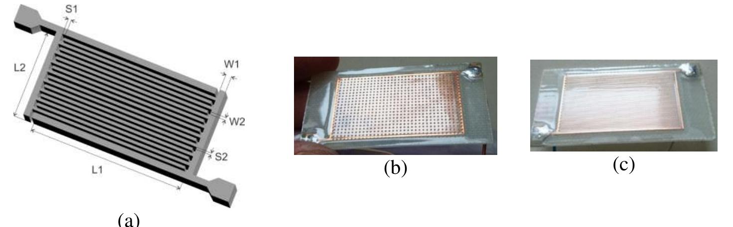 A) layout of idc sensor, b) porous pet sensor, c) standard