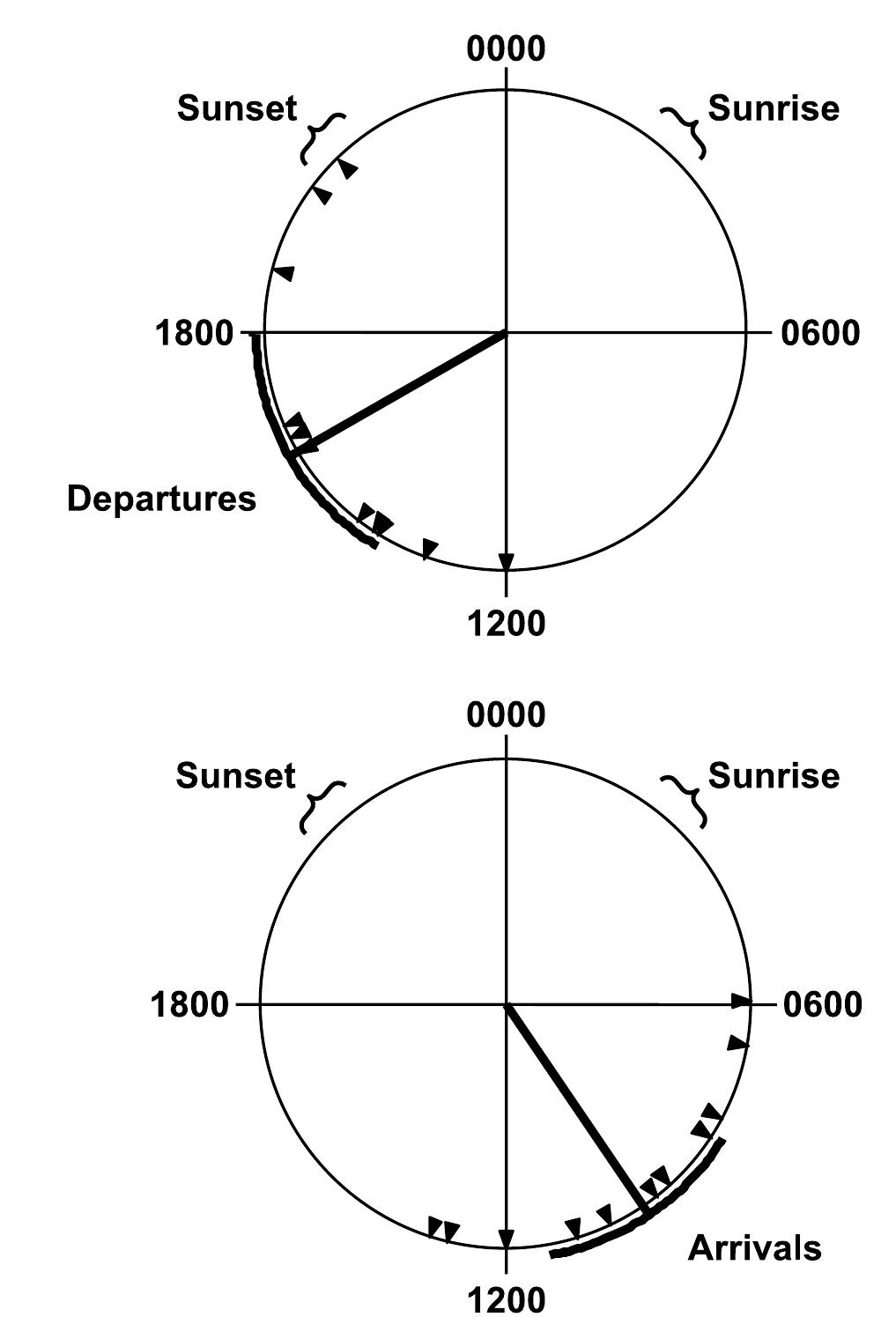 Circular mean (heavy line), standard deviation (heavy arc)