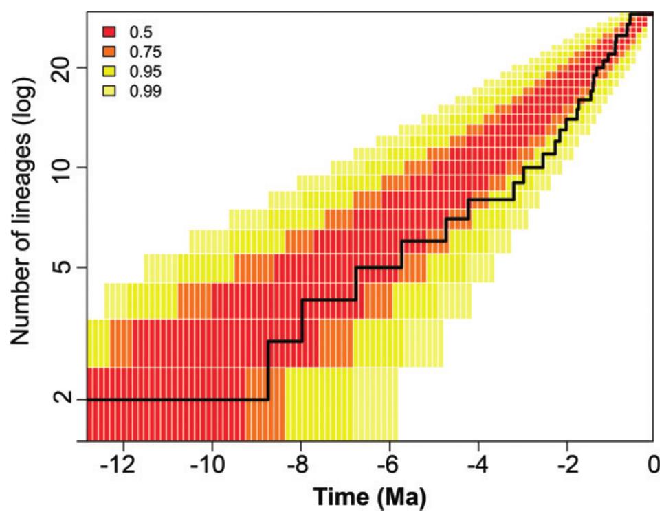 Lineage-through-time plot (logarithmic scale) and 95%