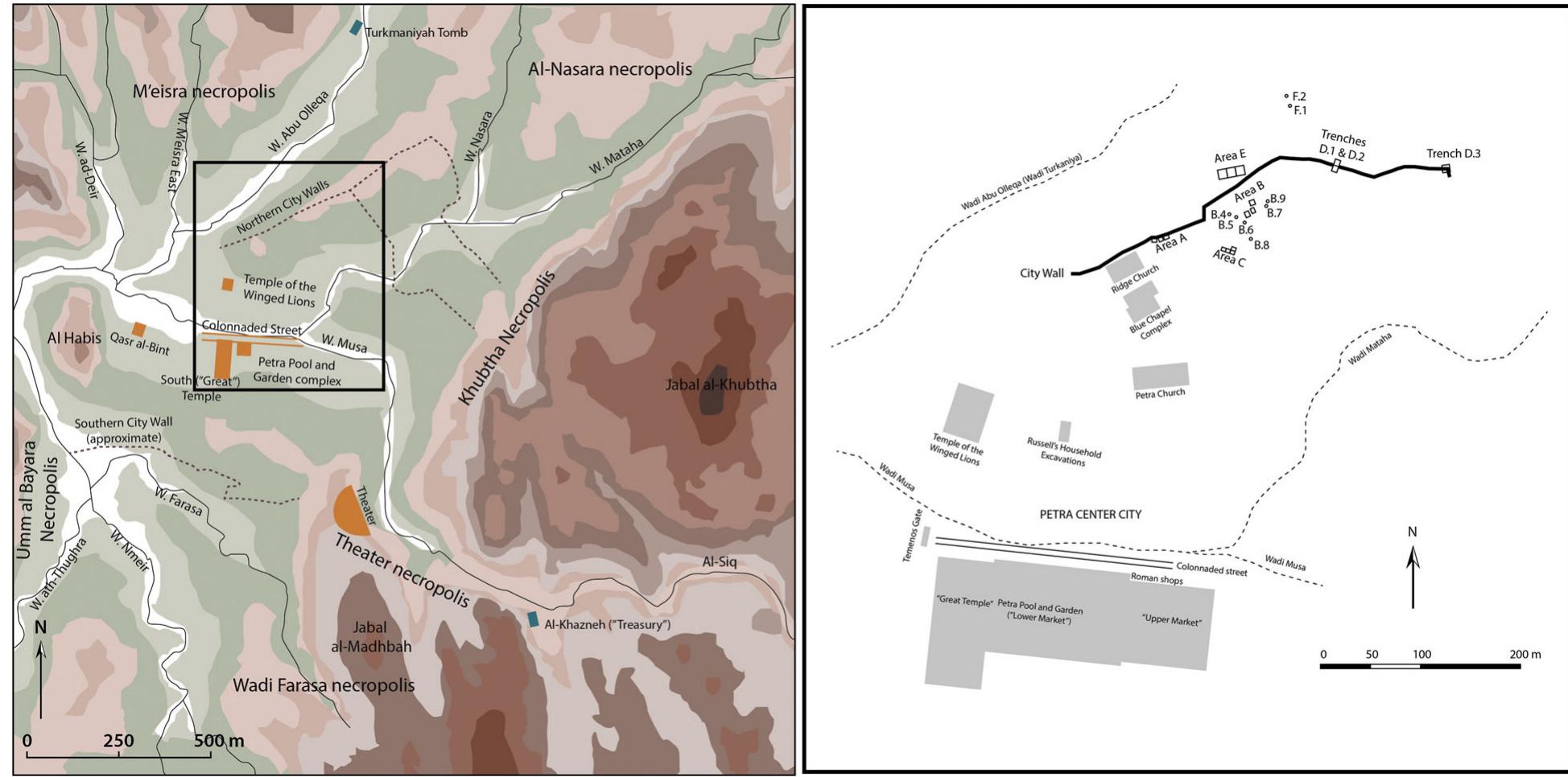 Map of location of excavation areas in rectangle on petra’s