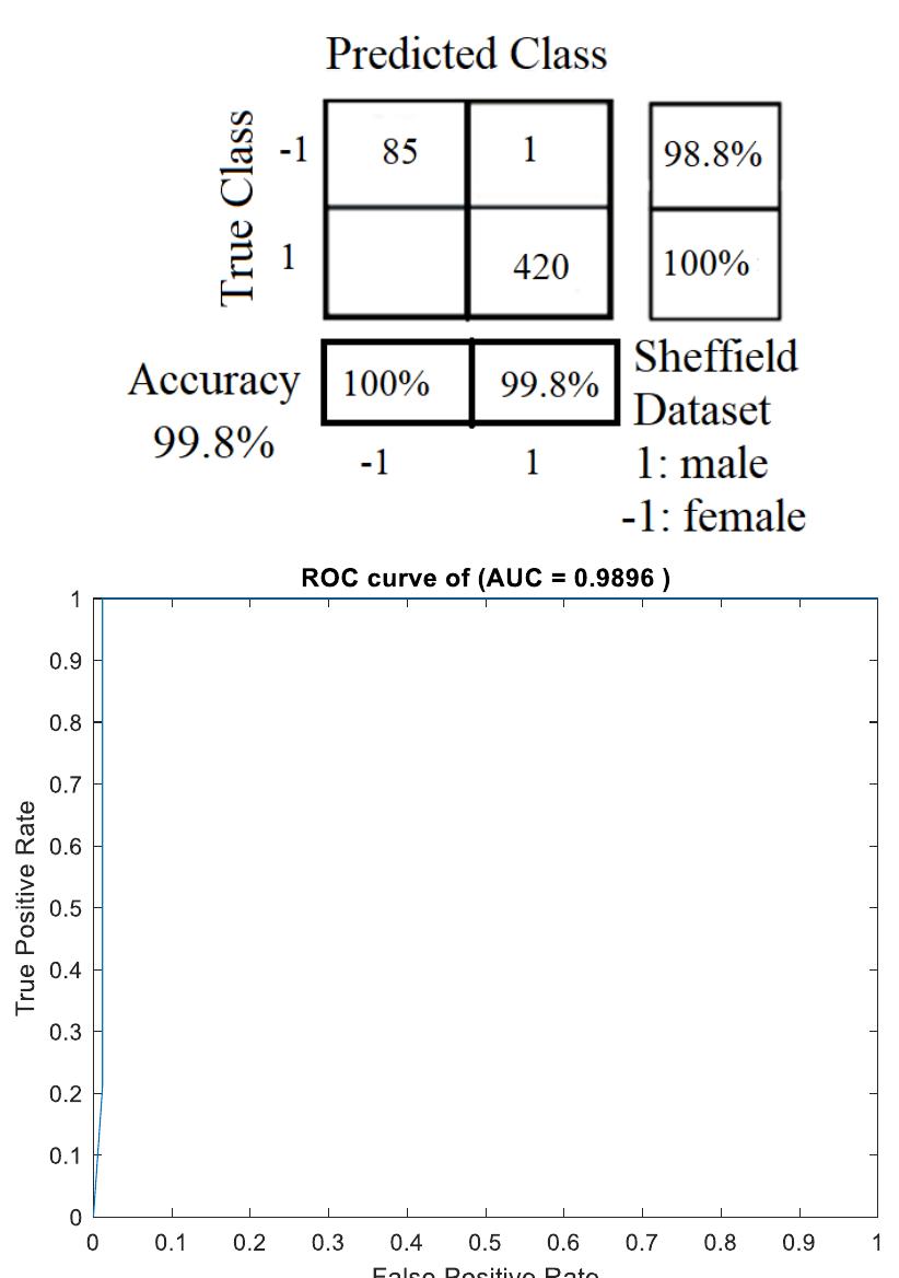The confusion matrix and roc curve of gender classifier on