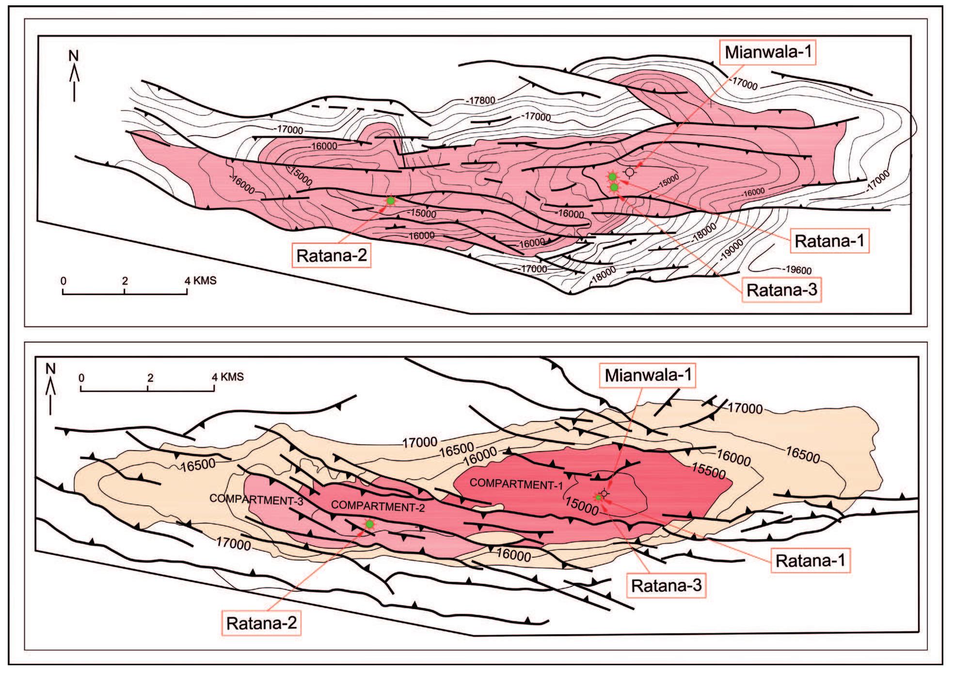 (above). 1993 vintage 2d seismic depth structure map of