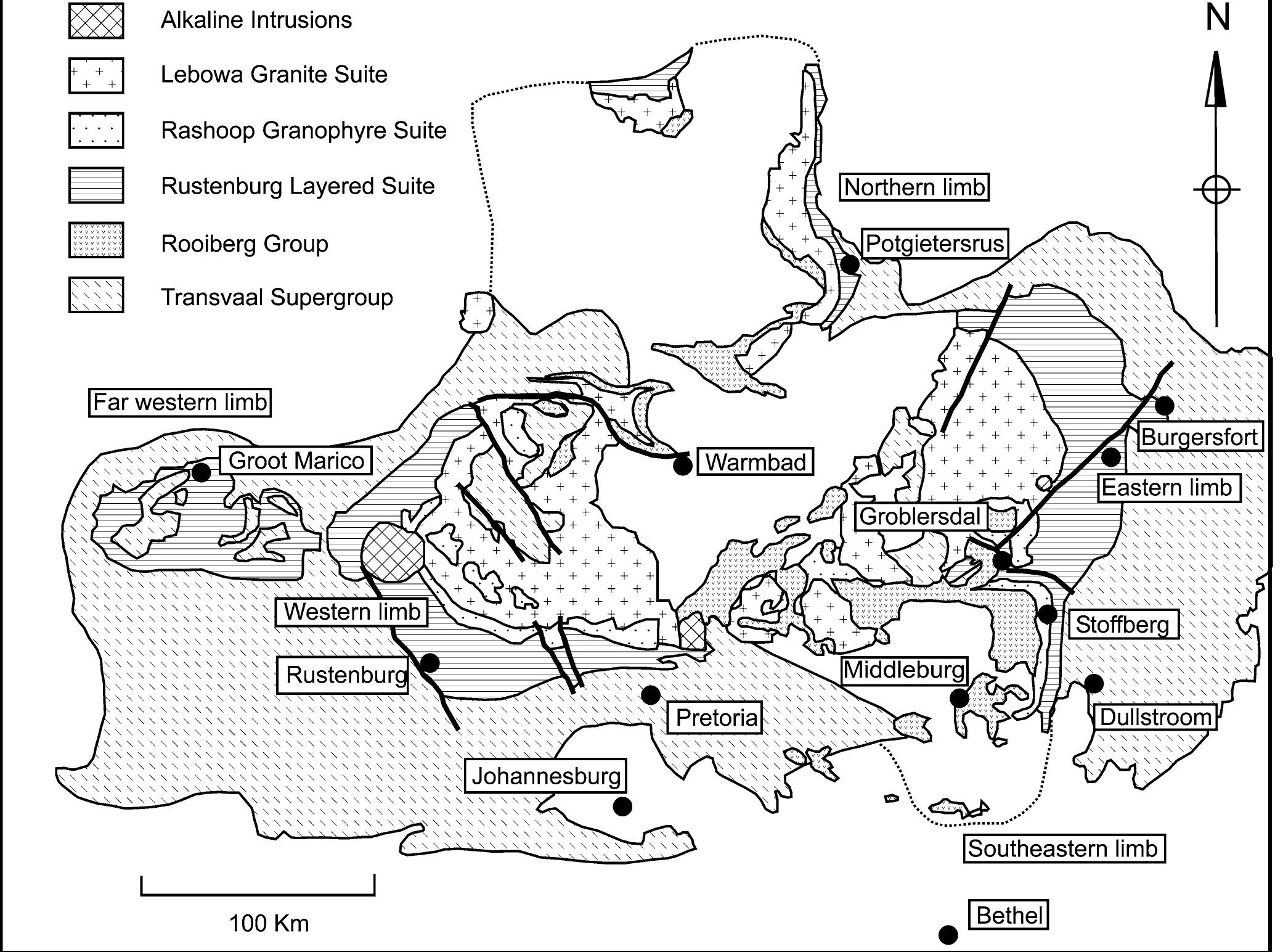Geological map of the bushveld complex, showing the location