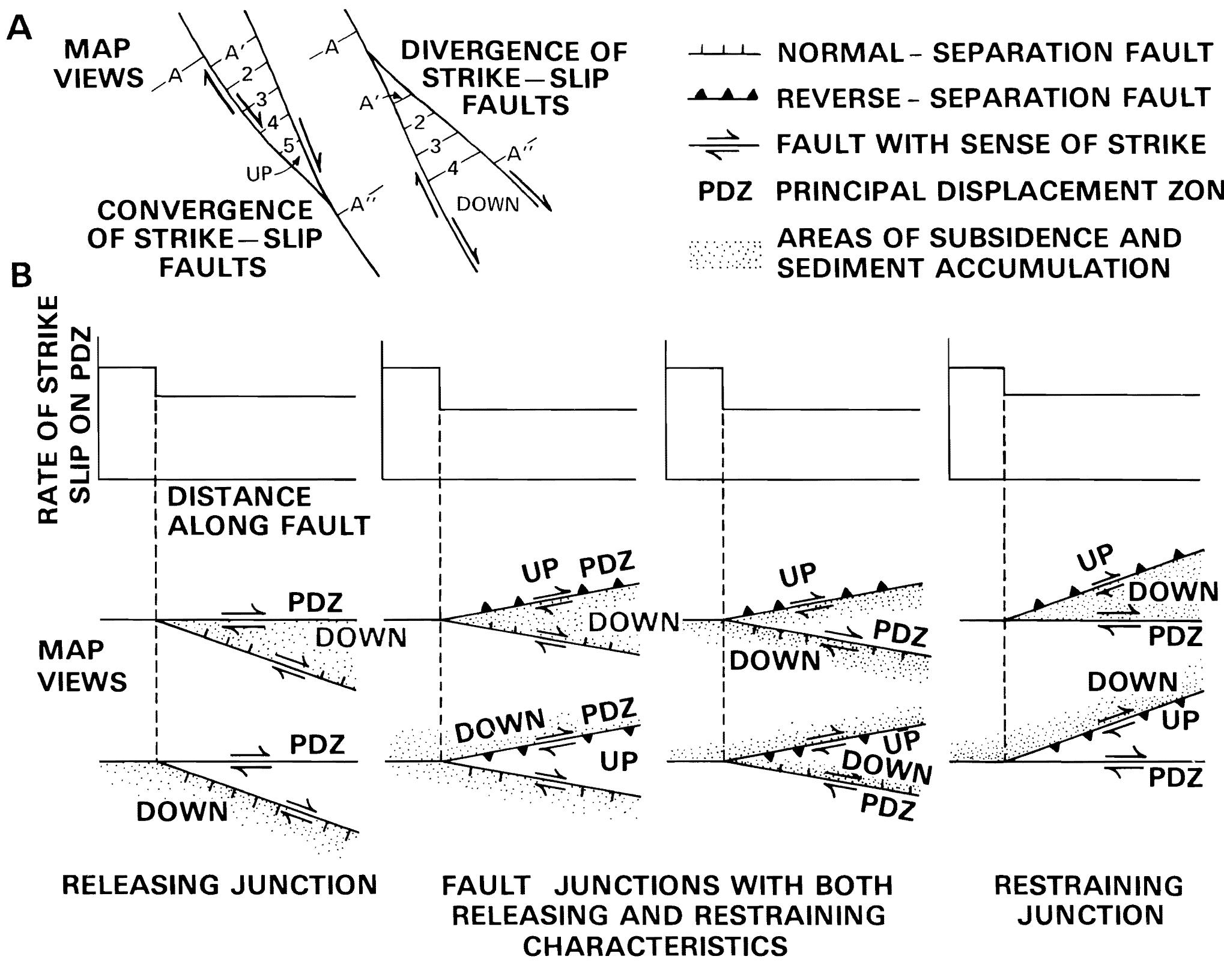 Strike-slip faults with zones of accentuated extensional