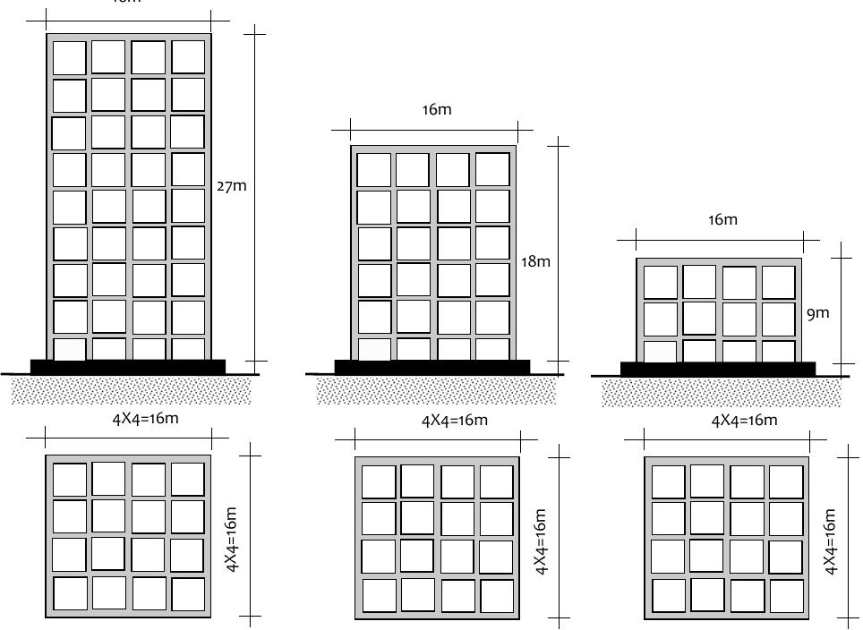 plan and elevation details of buildings with 3, 6 and 9