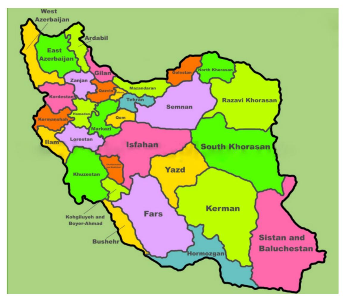 Map of iran and its provinces in 2013 and 2014 in the study,