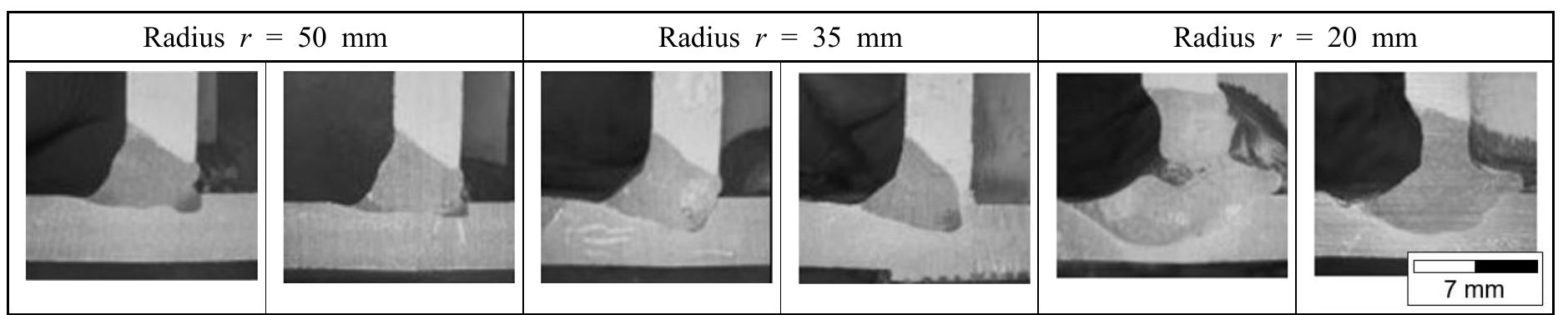 Cross sections of the radius welds with compensated power