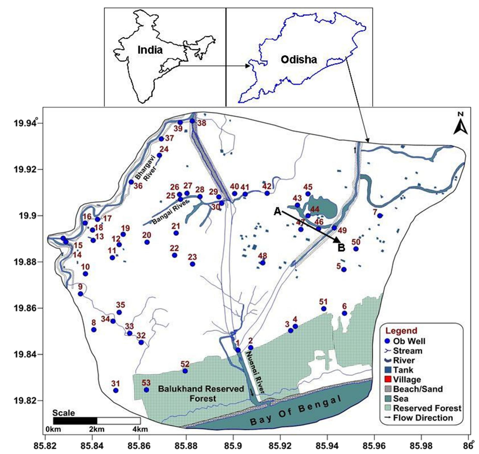 Map showing the location of observation wells and study area
