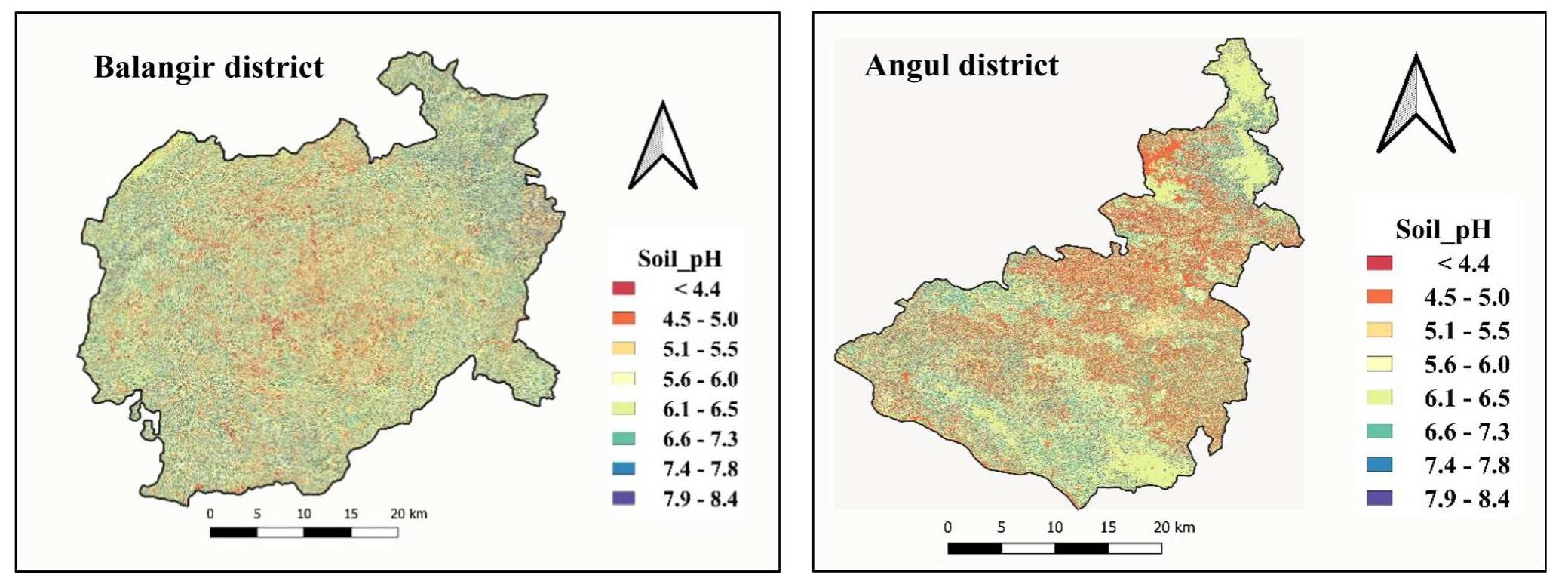 Maps of class-wise rf model predicted soil ph for balangir