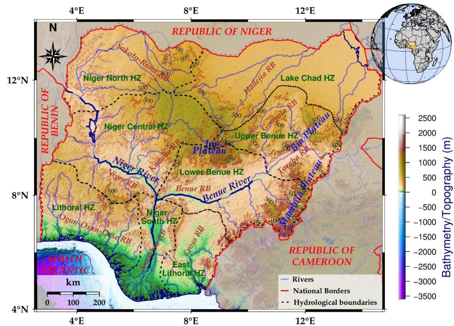 Location map of nigeria showing the topography, bathymetry,