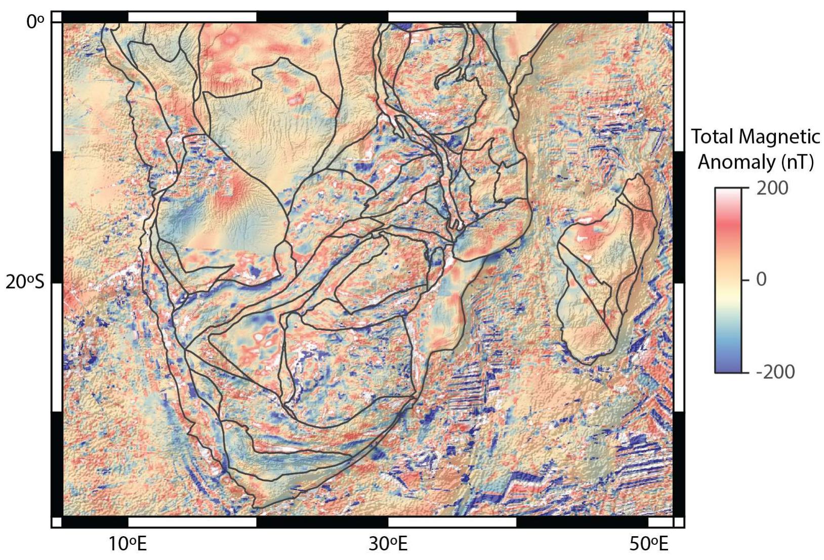 Magnetic anomaly map of southern africa overlaying