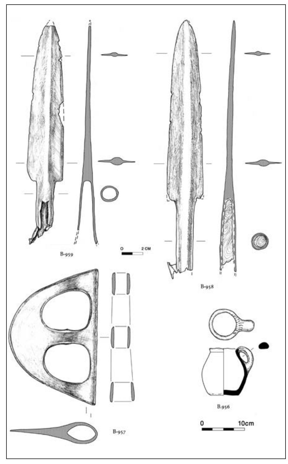Drawing of the “eye axe”, two socketed spear- heads and