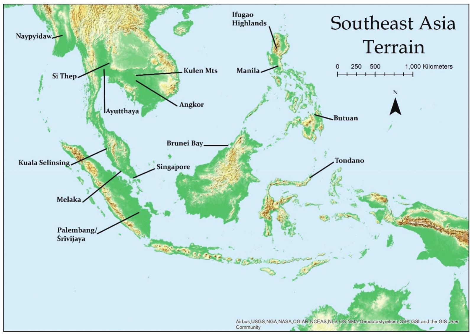 Map showing many different kinds of settlements in southeast