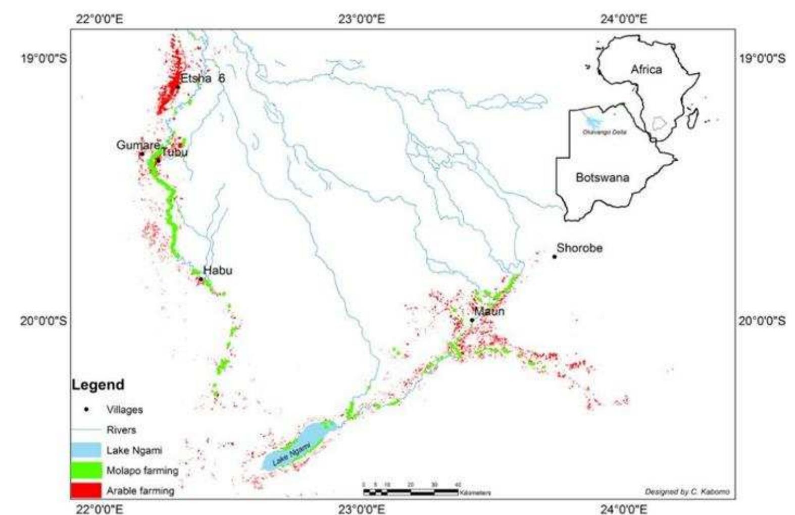 Map showing main molapo farming areas in the okavango delta