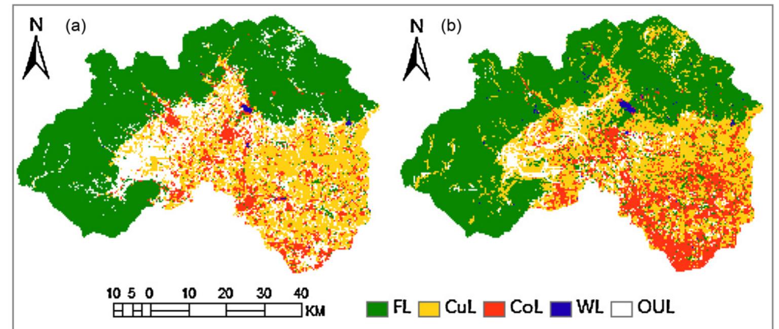 Land use maps (a) 1988 land use map; (b) 1998 land use map.