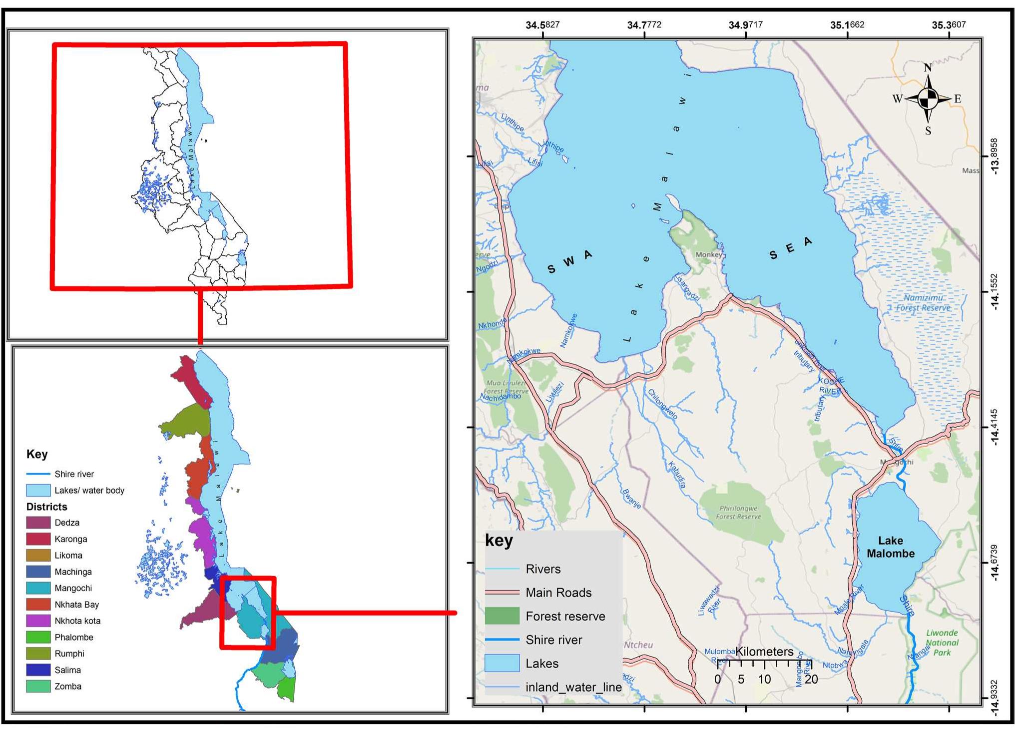 Map of malawi showing the position of lake malawi and