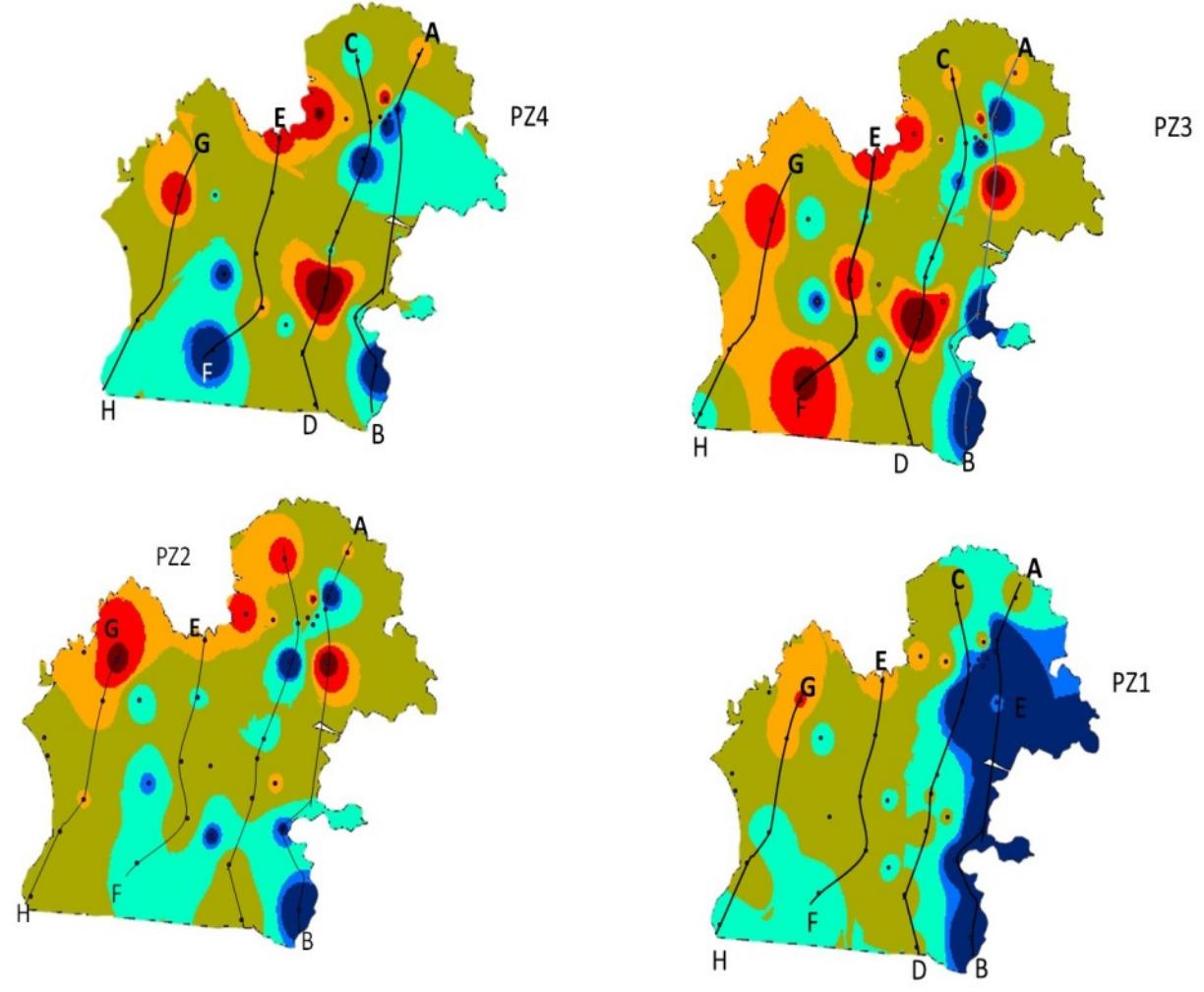 Vertical cross sections, a-b, c-d, e-f, and g-h for mapping