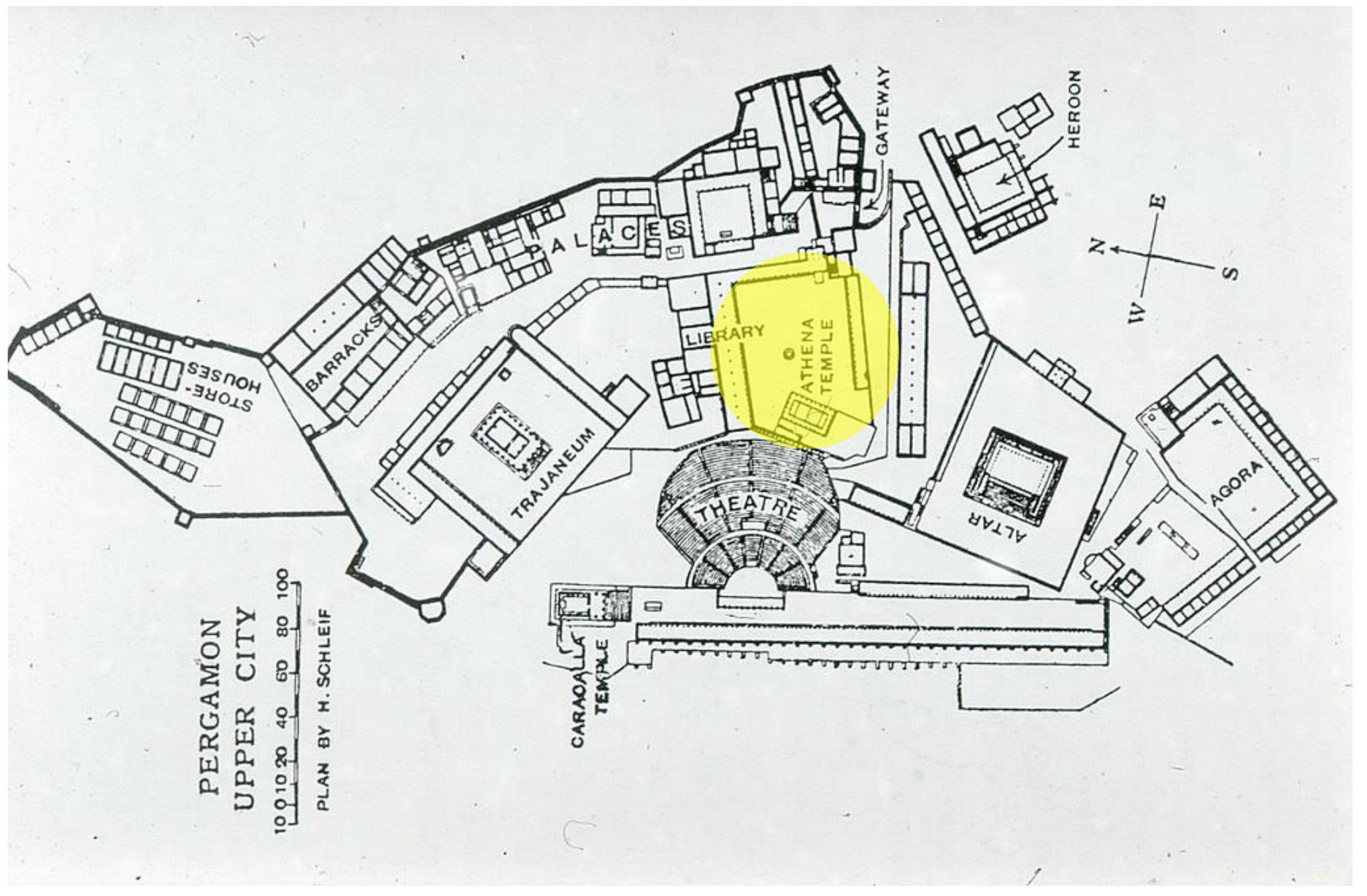 Map of the pergamene acropolis, yellow shows the athena