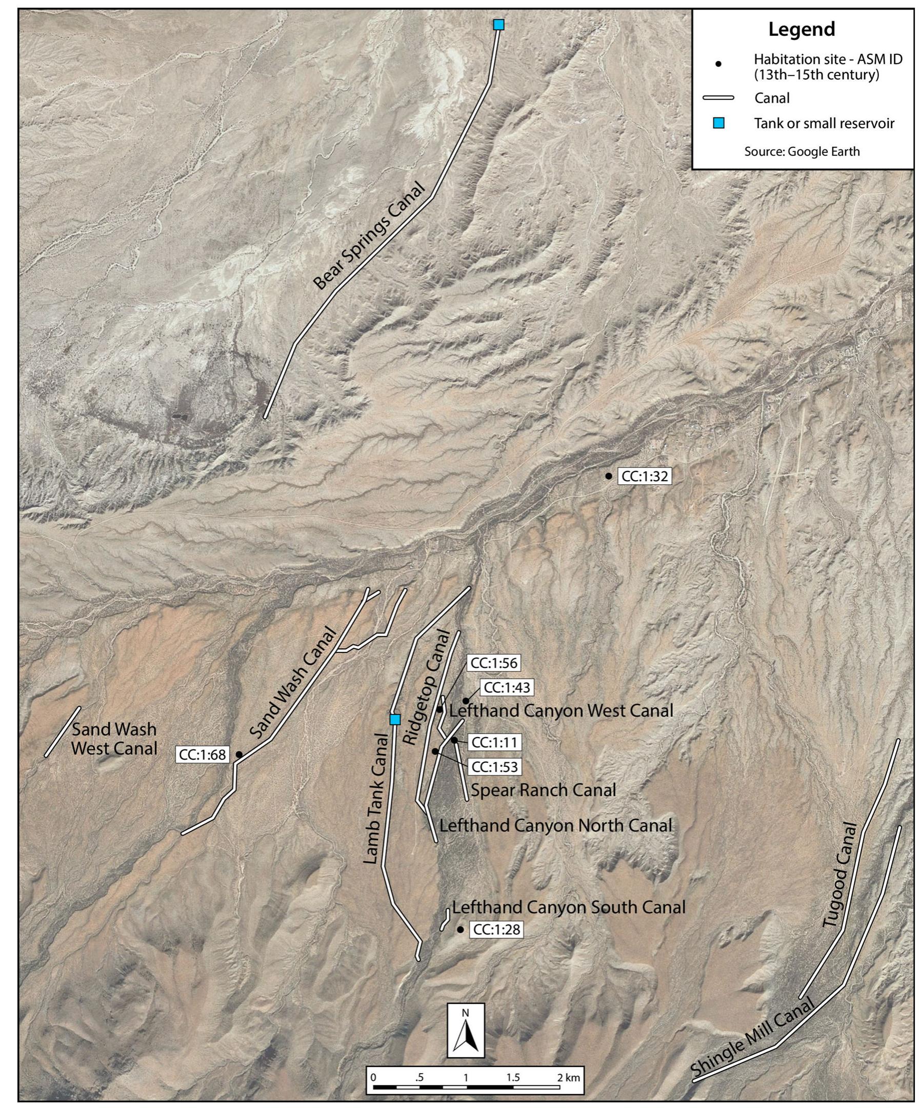 Map showing the location of the bajada canals and the