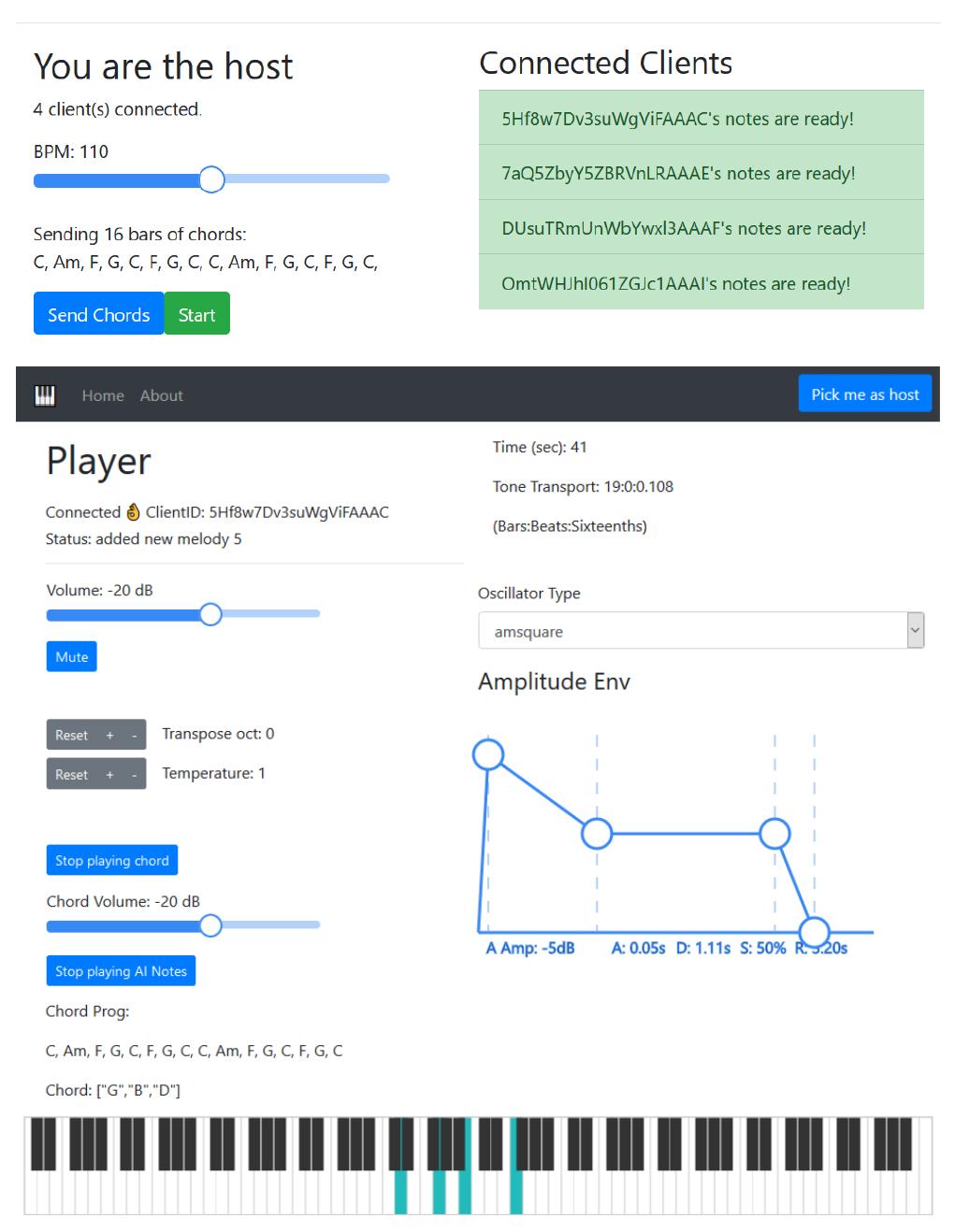 The conductor (top) and performer (bottom) client user