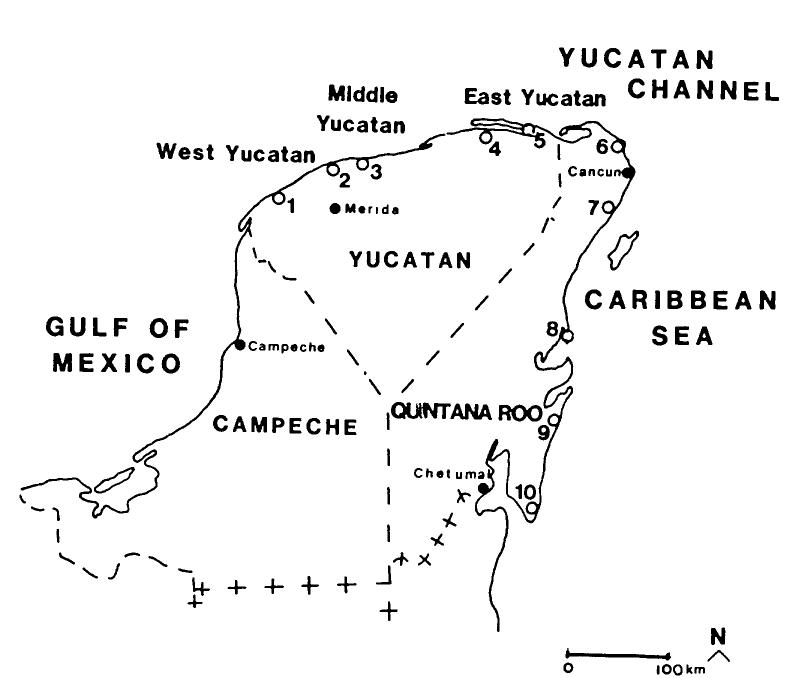 Map of the peninsula of yucatan showing the location of the