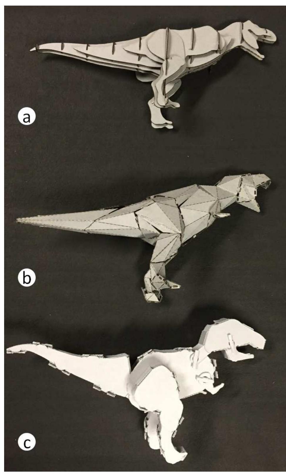 Shows 3 fabricated t-rex models, with identical scale and