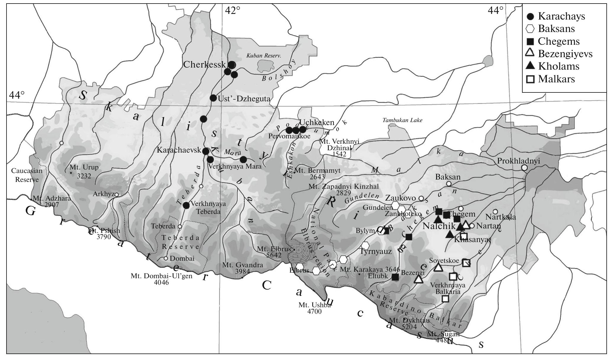 The map of regions inhabited by karachays and subethnic