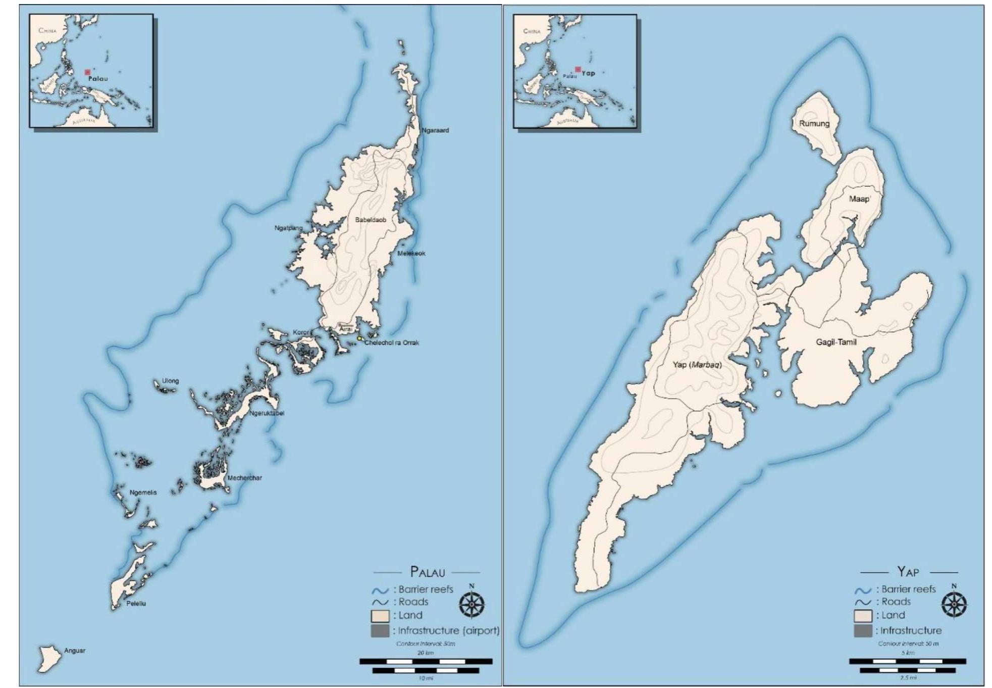 Map of palau (left) and yap (right).